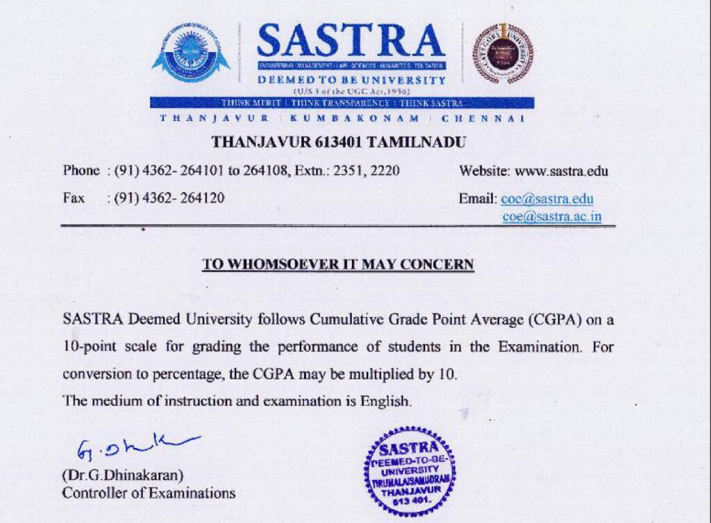 CGPA Conversion - Sastra Online