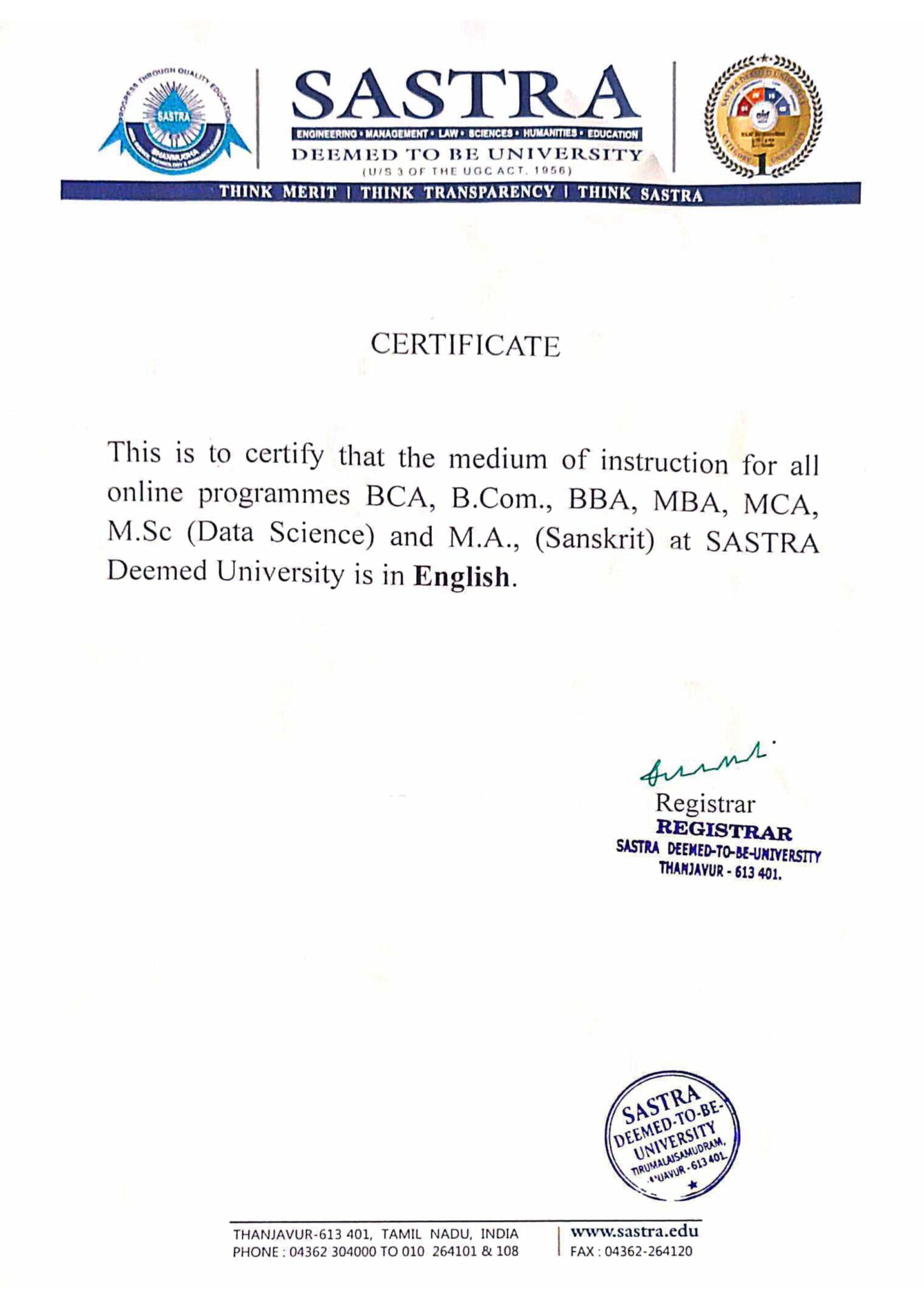 Medium of Instruction Certificate - Sastra Online